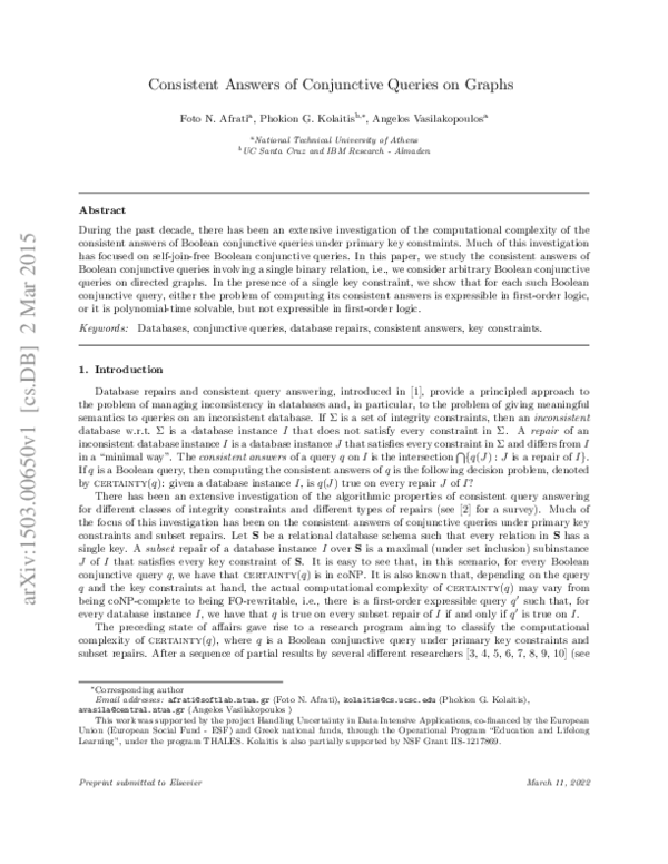 Pdf Consistent Answers Of Conjunctive Queries On Graphs