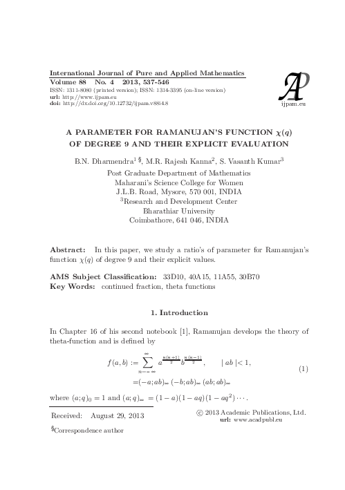 Pdf A Parameter For Ramanujans Function Chi Q Of Degree 9 And Their Explicit Evaluation