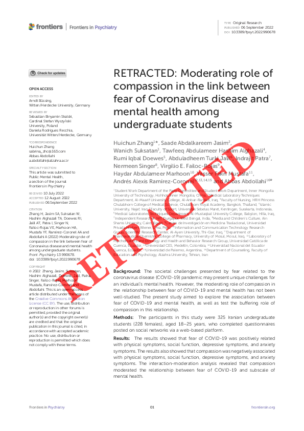 (PDF) Moderating role of compassion in the link between fear of Coronavirus disease and mental ...