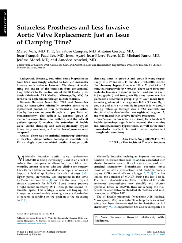 (PDF) Sutureless Prostheses and Less Invasive Aortic Valve Replacement: Just an Issue of ...