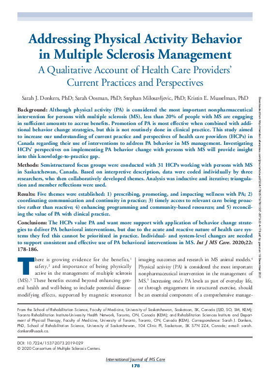 (PDF) Addressing Physical Activity Behavior in Multiple Sclerosis Management