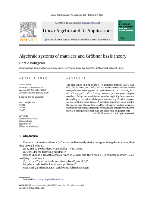 (PDF) Algebraic systems of matrices and Gröbner basis theory