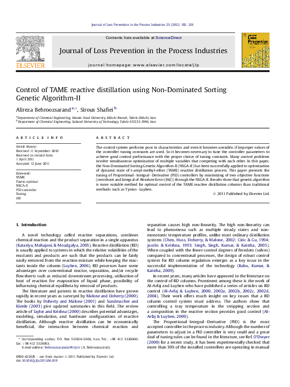 (PDF) Control of TAME reactive distillation using Non-Dominated Sorting ... (PDF) Control of TAME reactive distillation using Non-Dominated Sorting ...