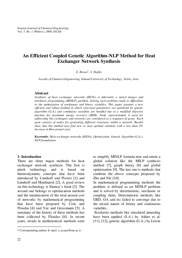 (PDF) An Efficient Coupled Genetic Algorithm-NLP Method for Heat Exchanger Network Synthesis