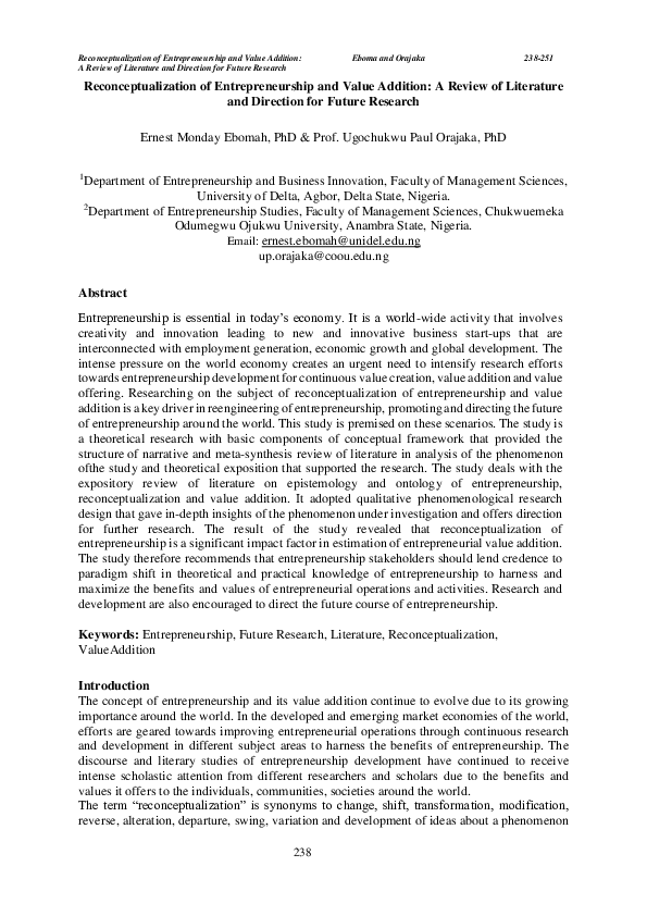 (PDF) Reconceptualization of entrepreneurship and value addition