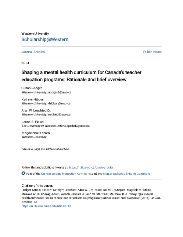 (PDF) Shaping a mental health curriculum for Canada's teacher education ...