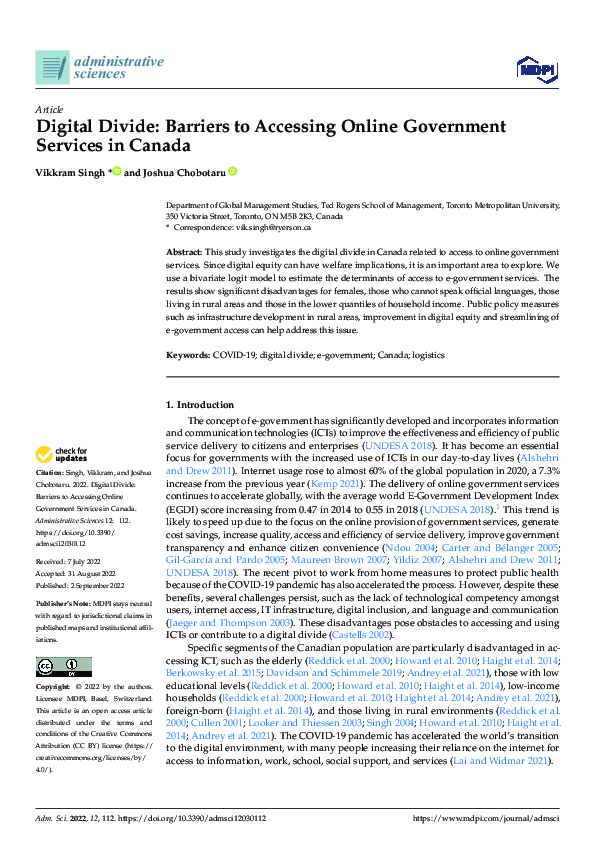 (PDF) Digital Divide: Barriers to Accessing Online Government Services in Canada