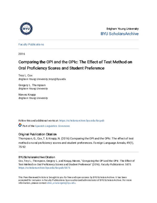(PDF) Comparing the OPI and the OPIc: The Effect of Test Method on Oral ...