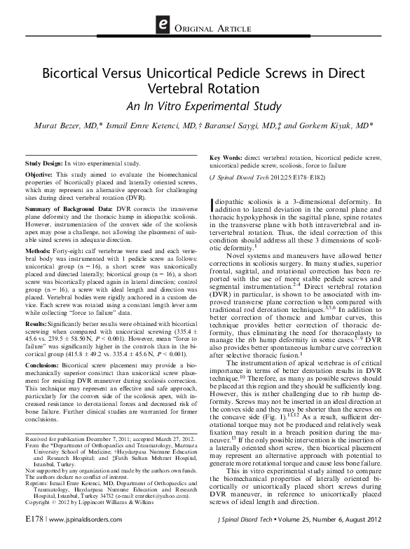 (PDF) Bicortical Versus Unicortical Pedicle Screws in Direct Vertebral ...