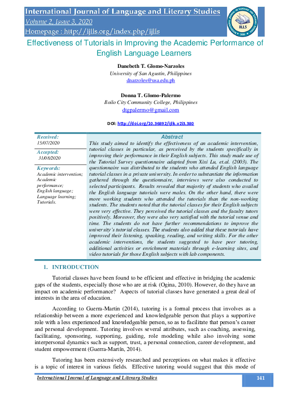 (PDF) Effectiveness of Tutorials in Improving the Academic Performance ...