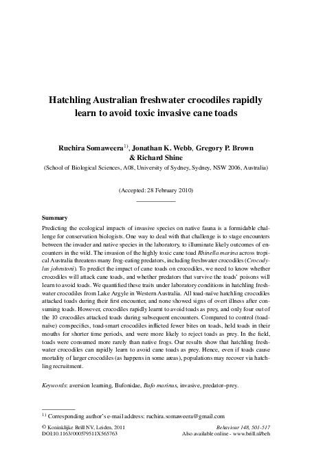 (PDF) Hatchling Australian freshwater crocodiles rapidly learn to avoid ...