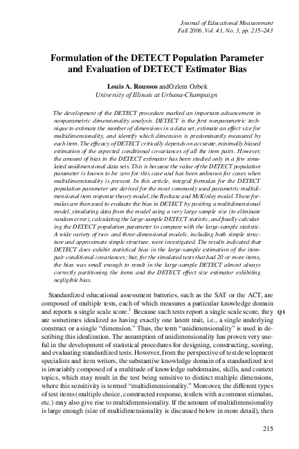 (PDF) Formulation of the DETECT Population Parameter and Evaluation of DETECT Estimator Bias
