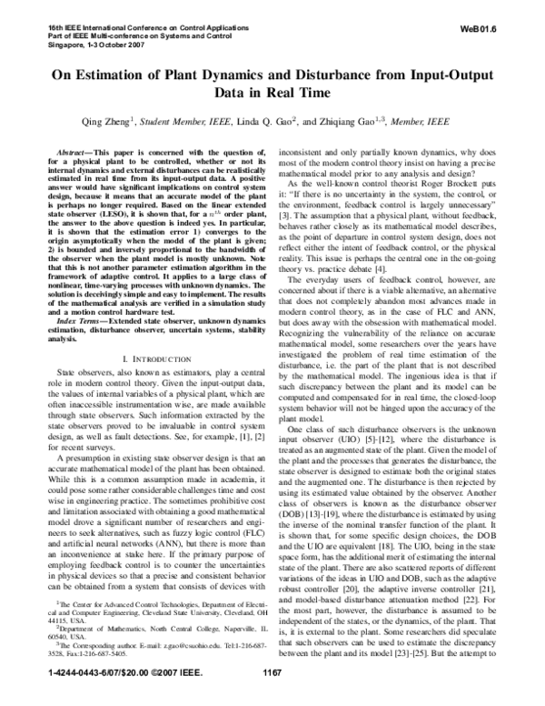 Pdf On Estimation Of Plant Dynamics And Disturbance From Input Output Data In Real Time