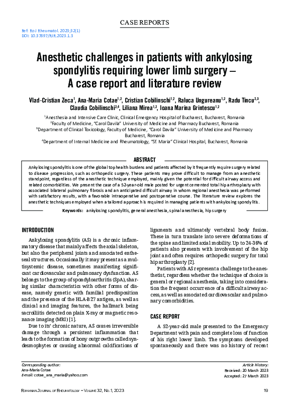 (PDF) Anesthetic challenges in patients with ankylosing spondylitis requiring lower limb surgery ...