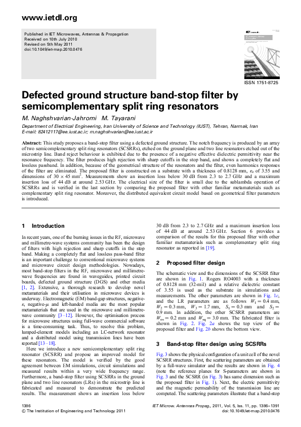Pdf Defected Ground Structure Band Stop Filter By Semicomplementary Split Ring Resonators