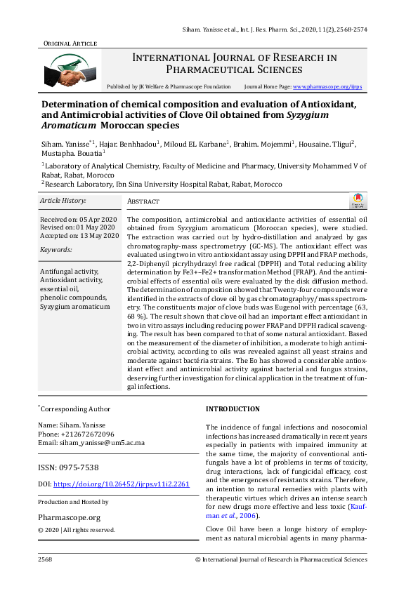 (PDF) Determination of chemical composition and evaluation of Antioxidant, and Antimicrobial ...
