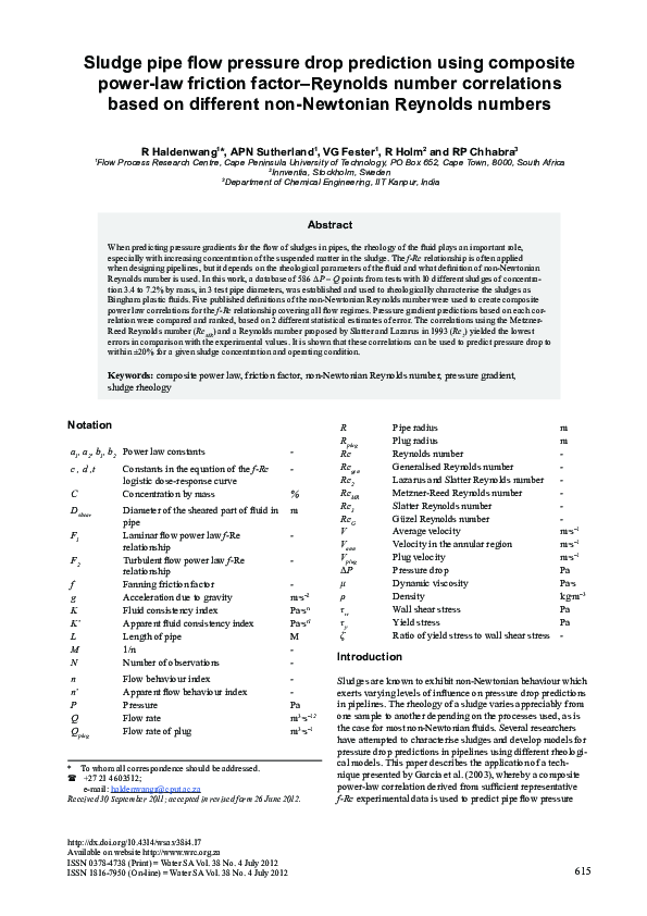 (PDF) Sludge pipe flow pressure drop prediction using composite power ...