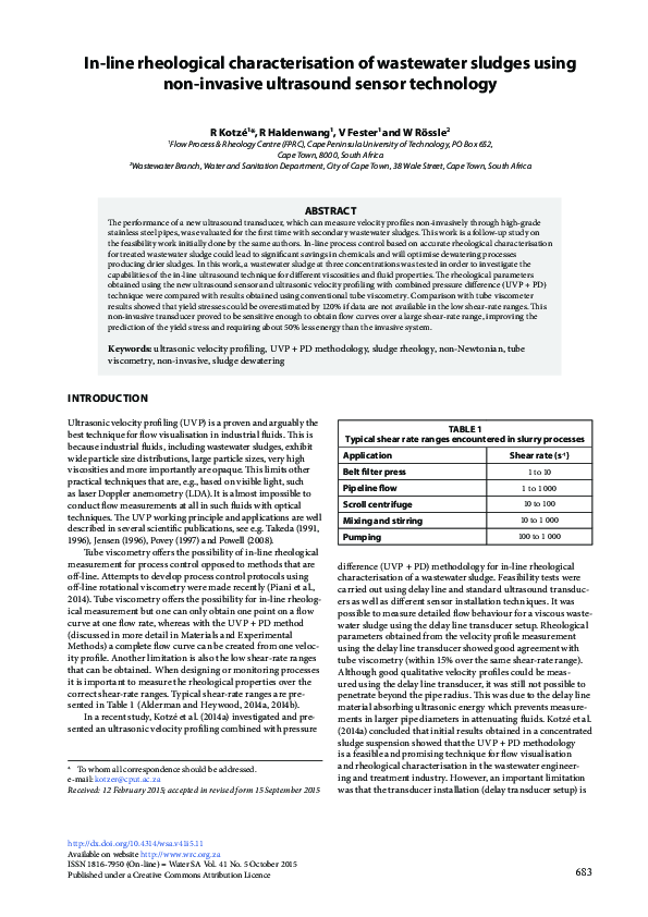 (PDF) Ultrasound Rheological Characterization of Wastewater Sludge