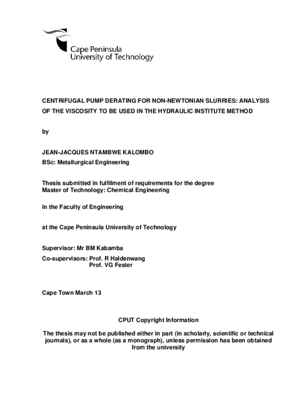 (PDF) Centrifugal Pump Derating for Non-Newtonian Slurries