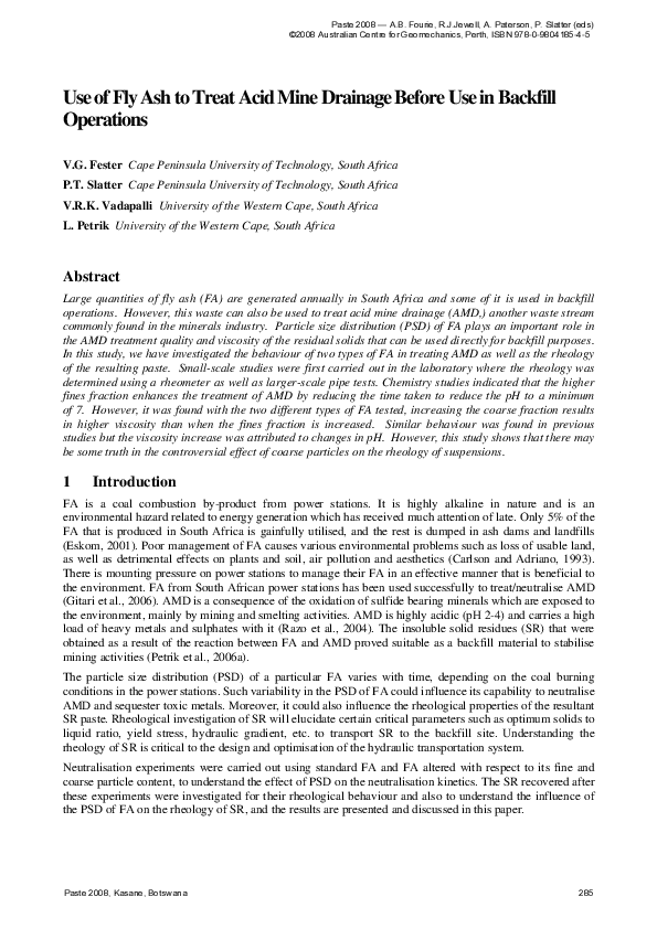 (PDF) Use of Fly Ash to Treat Acid Mine Drainage Before Use in Backfill ...