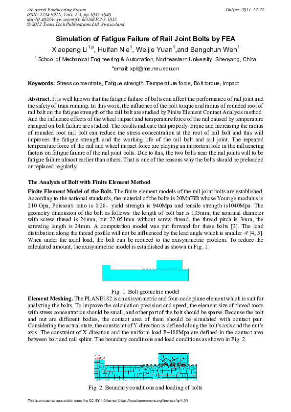 (PDF) Simulation of Fatigue Failure of Rail Joint Bolts by FEA