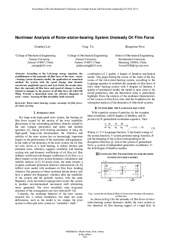 (PDF) Nonlinear Analysis of Rotor-Stator-Bearing System Unsteady Oil Film Force