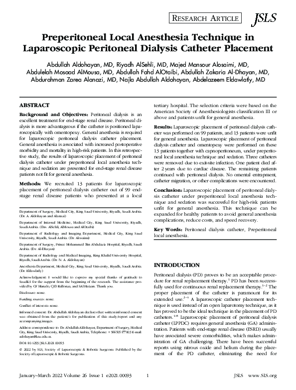 (PDF) Preperitoneal Local Anesthesia Technique in Laparoscopic Peritoneal Dialysis Catheter ...