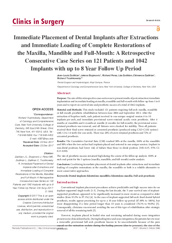 (PDF) Immediate Placement of Dental Implants after Extractions and Immediate Loading of Complete ...