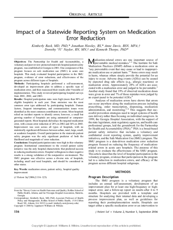 (PDF) Impact of a Statewide Reporting System on Medication Error Reduction