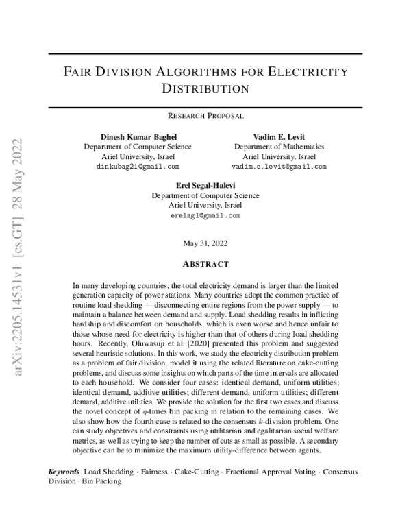 (PDF) Fair Division Algorithms for Electricity Distribution