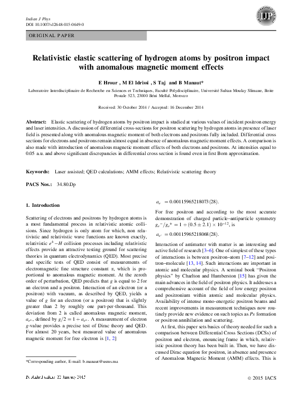 (PDF) Relativistic elastic scattering of hydrogen atom by positron ...