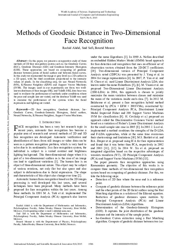 (PDF) Methods Of Geodesic Distance In Two-Dimensional Face Recognition