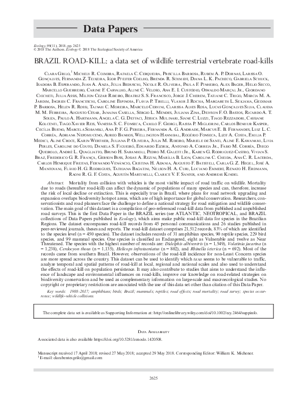 (PDF) BRAZIL ROAD-KILL: a data set of wildlife terrestrial vertebrate ...