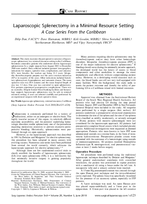 (PDF) Laparoscopic Splenectomy in a Minimal Resource Setting