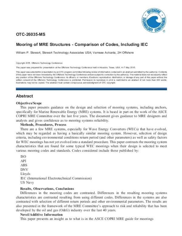 (PDF) Mooring of MRE Structures - Comparison of Codes, Including IEC