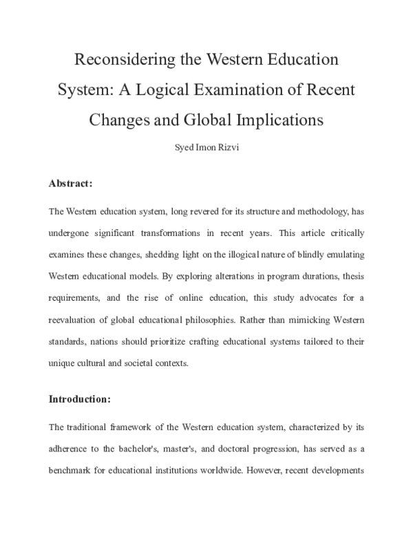 (PDF) Reconsidering the Western Education System: A Logical Examination ...