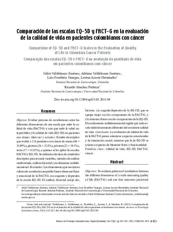 (PDF) Comparación de las escalas EQ-5D y FACT-G en la evaluación de la ...