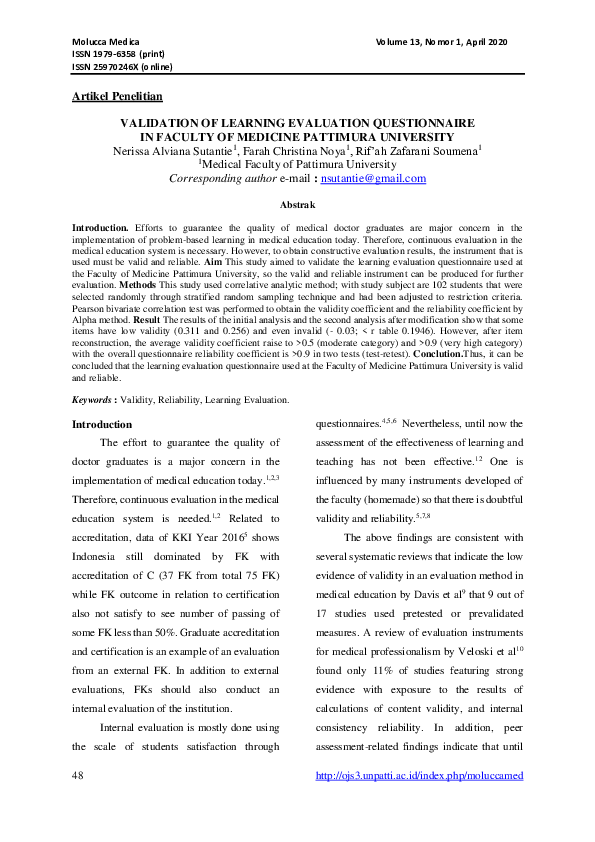 (PDF) Validation of Learning Evaluation Questionnaire in Faculty of ...