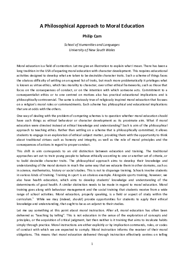(PDF) A philosophical approach to moral education