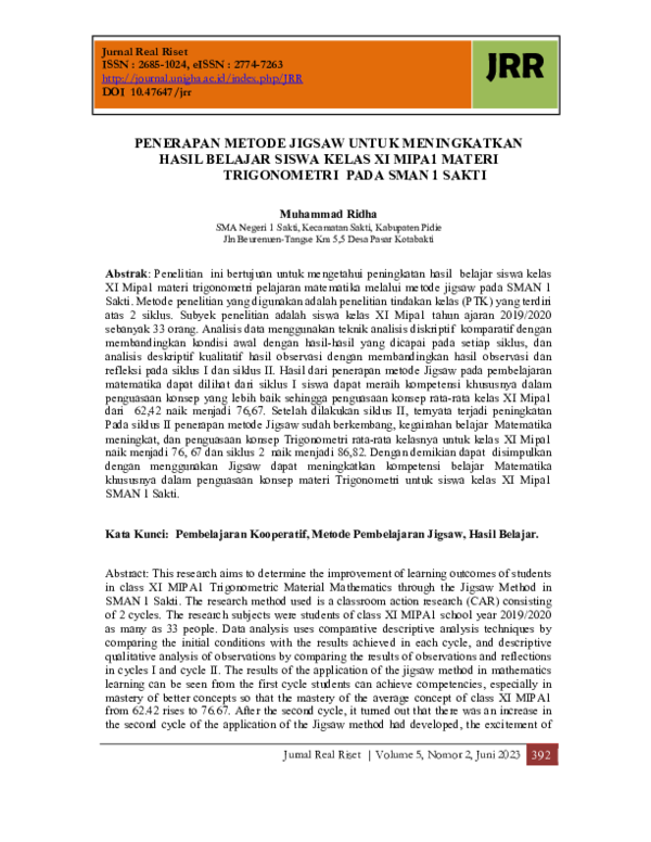 (PDF) Penerapan Metode Jigsaw Untuk Meningkatkan Hasil Belajar Siswa Kelas XI MIPA1 Materi ...
