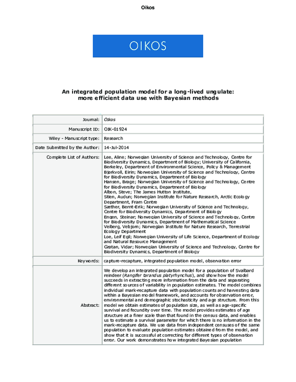 (PDF) An integrated population model for a long‐lived ungulate: more efficient data use with ...