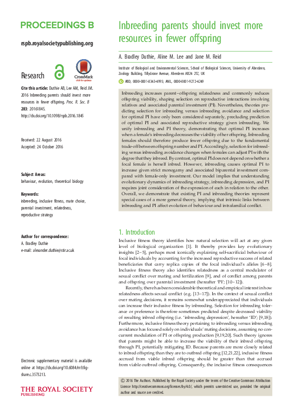 (PDF) Inbreeding parents should invest more resources in fewer offspring