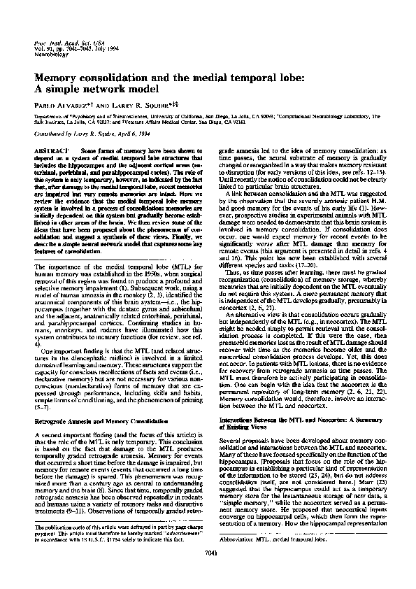 (PDF) Memory consolidation and the medial temporal lobe: a simple network model