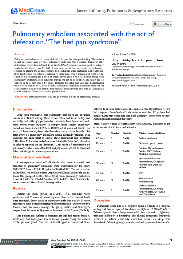 (PDF) Pulmonary embolism associated with the act of defecation. “The ...