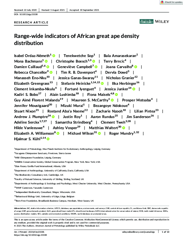 (PDF) Range‐wide indicators of African great ape density distribution
