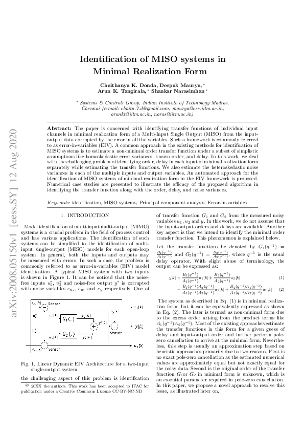 (PDF) Identification of MISO systems in Minimal Realization Form