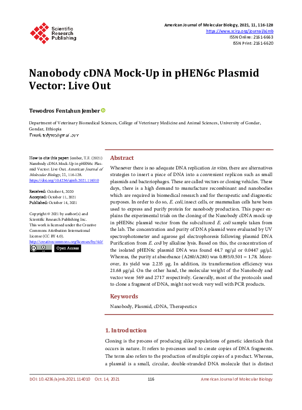 (PDF) Nanobody cDNA Mock-Up in pHEN6c Plasmid Vector: Live Out