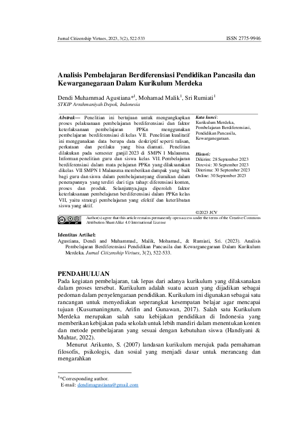(PDF) Analisis Pembelajaran Berdiferensiasi Pendidikan Pancasila dan Kewarganegaraan Dalam ...