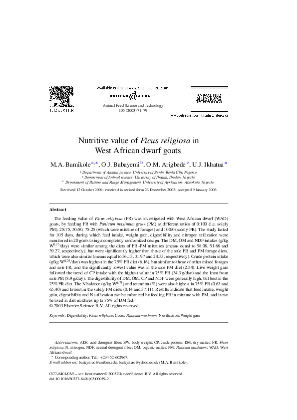 (PDF) Nutritive value of Ficus religiosa in West African dwarf goats | Moses Arigbede - Academia.edu