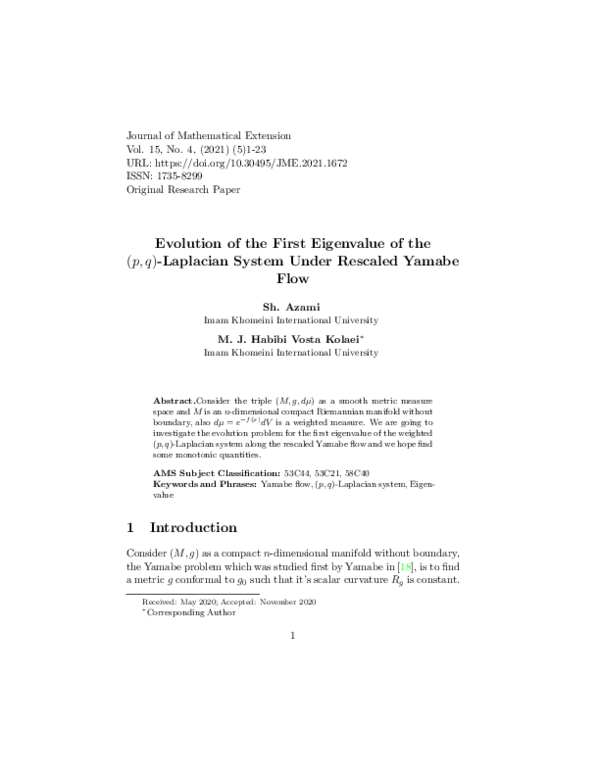 (PDF) Evolution of the first eigenvalue of the weighted $(p,q)$-Laplacian system under rescaled ...